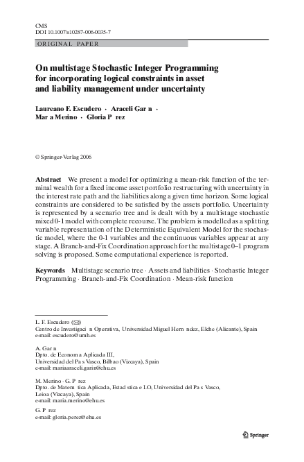 Pdf Stochastic Optimization In Asset And Liability Management A Model