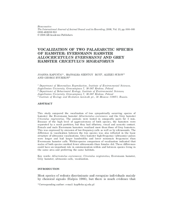 (PDF) VOCALIZATION OF TWO PALAEARCTIC SPECIES OF HAMSTER: EVERSMANN ...
