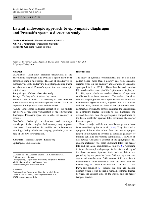 (PDF) Lateral endoscopic approach to epitympanic diaphragm and Prussak ...