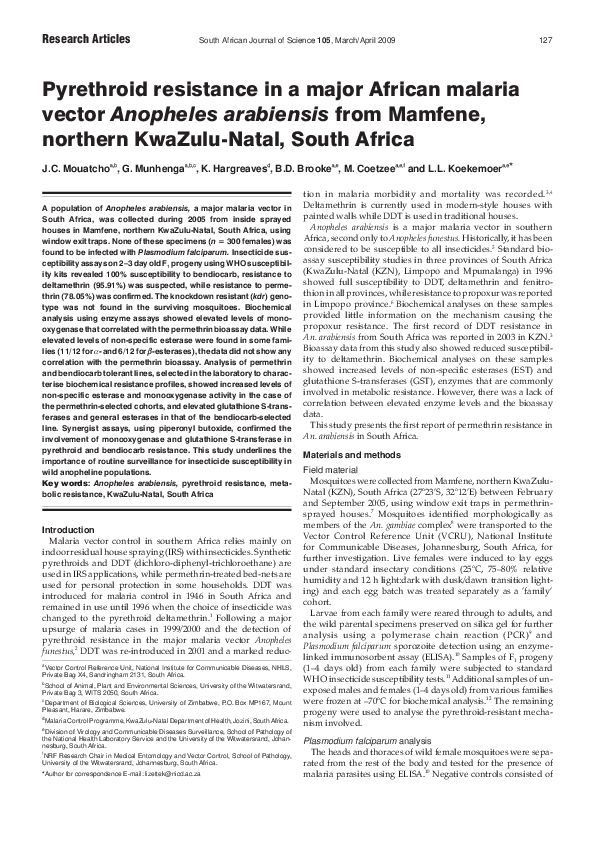 (PDF) Pyrethroid resistance in a major African malaria vector Anopheles arabiensis from Mamfene ...