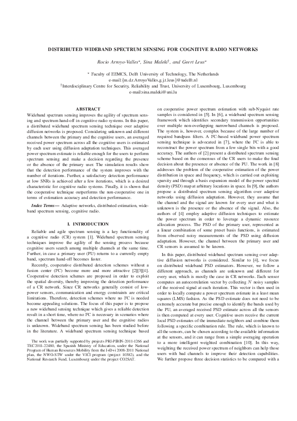 Pdf Distributed Wideband Spectrum Sensing For Cognitive Radio Networks