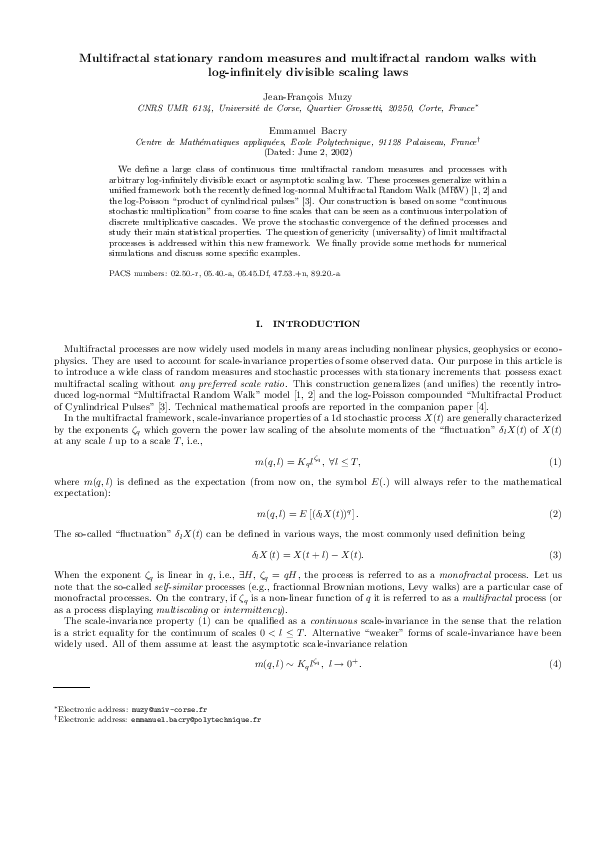 (PDF) Multifractal stationary random measures and multifractal random walks with log infinitely ...