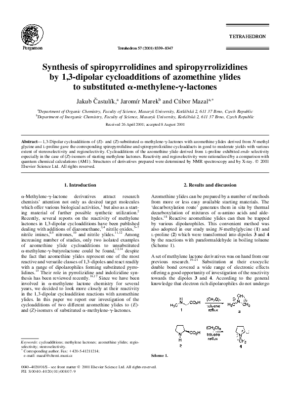 (PDF) Synthesis of spiropyrrolidines and spiropyrrolizidines by 1,3 ...