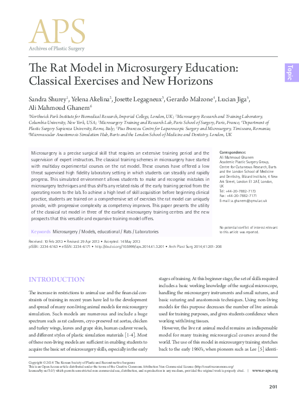 (PDF) The Rat Model in Microsurgery Education: Classical Exercises and ...