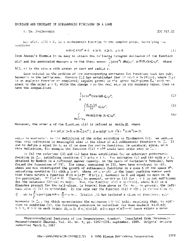 (PDF) Increase and decrease of subharmonic functions in a cone | Alexander Rashkovskii ...