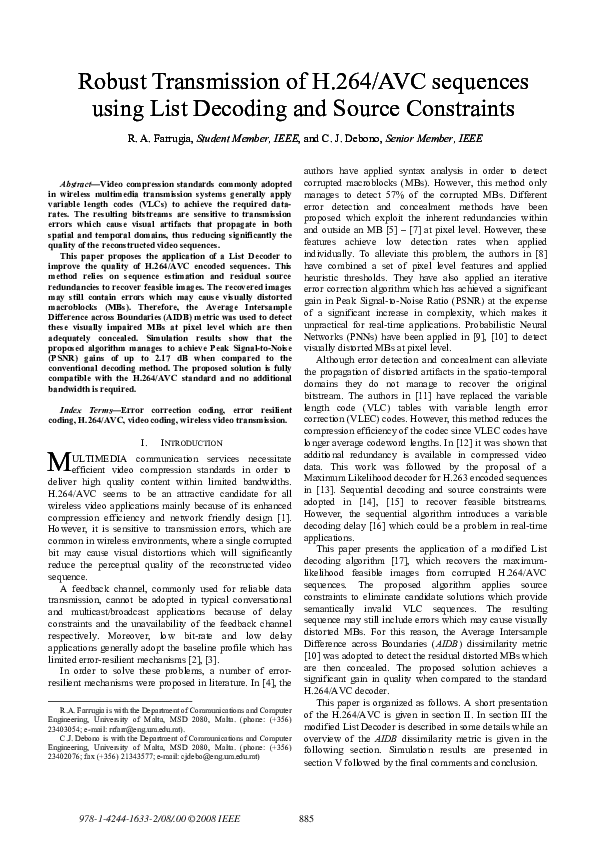 (PDF) Robust transmission of H.264/AVC sequences using list decoding and source constraints
