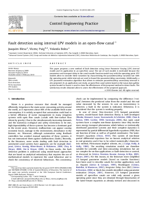 Pdf Fault Detection Using Interval Lpv Models In An Open Flow Canal Joaquim Blesa