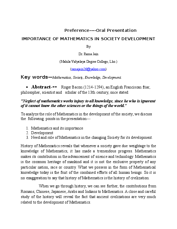 (DOC) Importance of Mathematics in Society developement