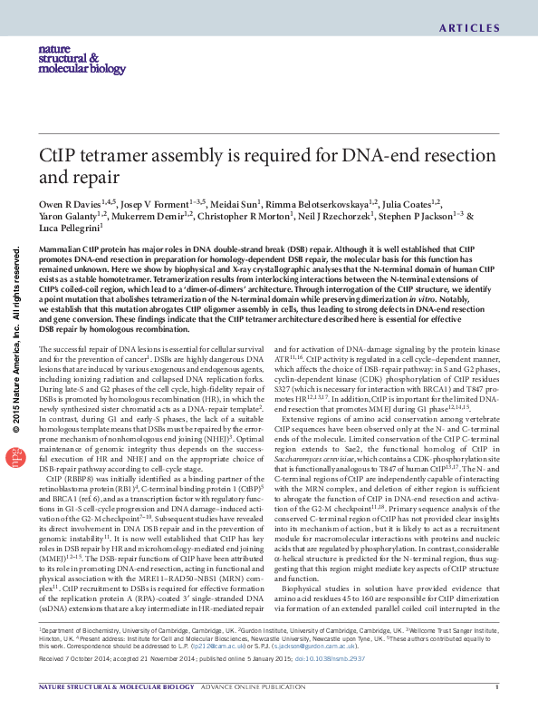 (PDF) CtIP tetramer assembly is required for DNA-end resection and repair