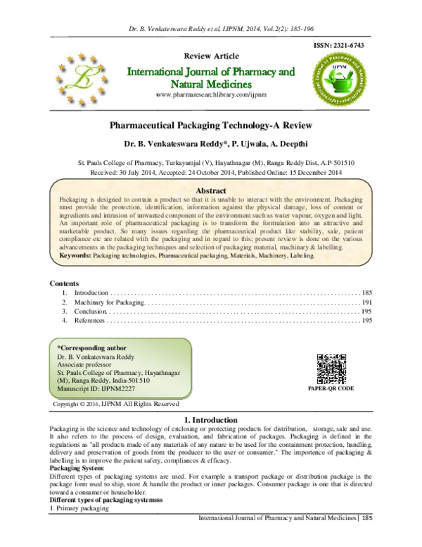 Pharmaceutical Packaging Technology-A Review