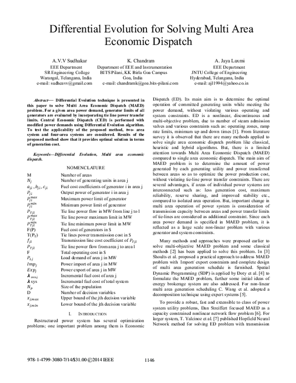 Differential Evolution for solving Multi Area Economic Dispatch