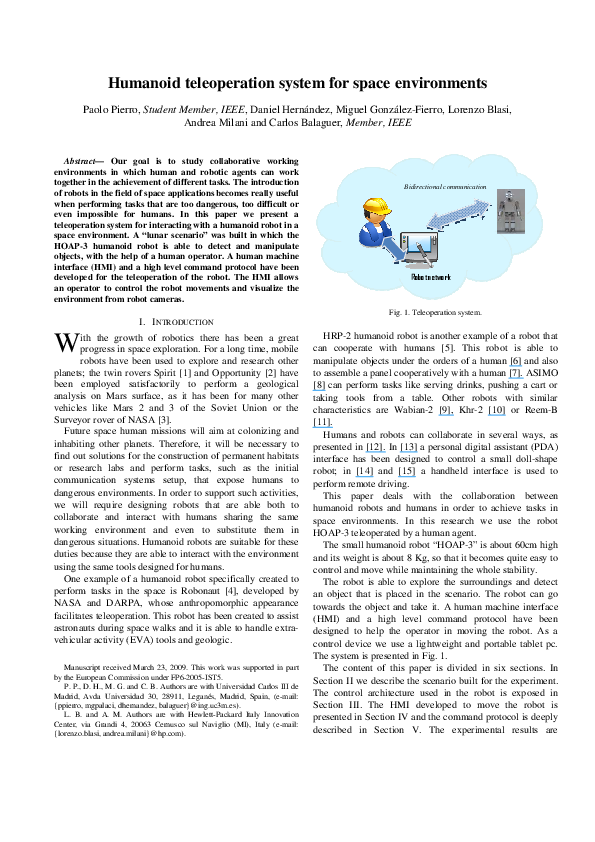 (PDF) Humanoid teleoperation system for space environments