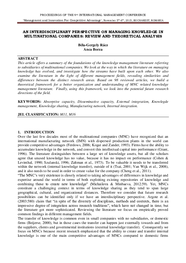 (PDF) AN INTERDISCIPLINARY PERSPECTIVE ON MANAGING KNOWLEDGE IN ...