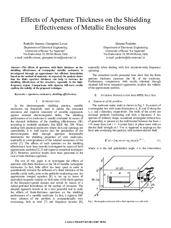 (PDF) Effects of aperture thickness on the shielding effectiveness of metallic enclosures