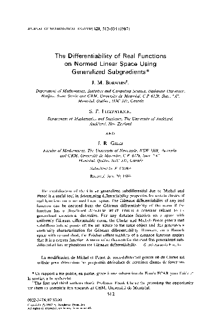 Pdf The Differentiability Of Real Functions On Normed Linear Space Using Generalized Subgradients