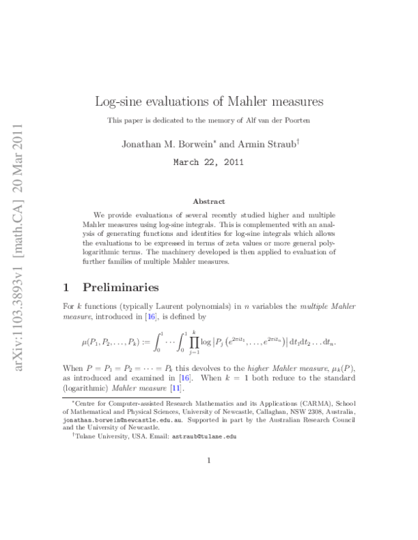 (PDF) LOG-SINE EVALUATIONS OF MAHLER MEASURES