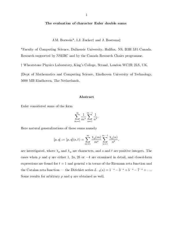 (PDF) The evaluation of character Euler double sums