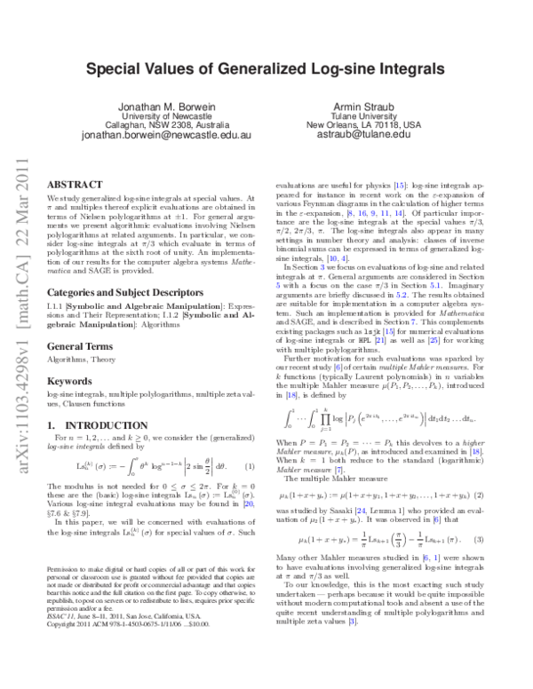(PDF) Special values of generalized log-sine integrals