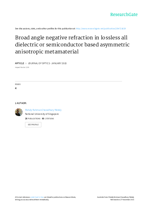 (PDF) Broad angle negative refraction in lossless all dielectric or semiconductor based ...