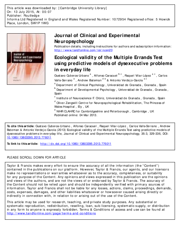 (PDF) Ecological validity of the Multiple Errands Test using predictive ...