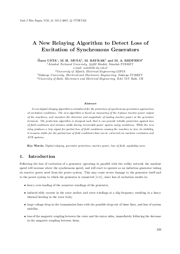 (PDF) A New Relaying Algorithm to Detect Loss of Excitation of Synchronous Generators