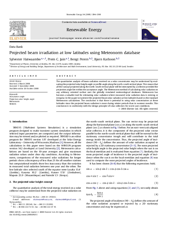 (PDF) Projected beam irradiation at low latitudes using Meteonorm ...
