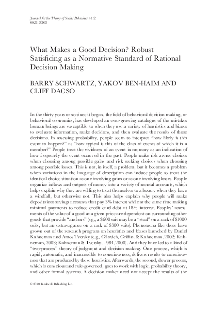 (PDF) What Makes a Good Decision? Robust Satisficing as a Normative ...