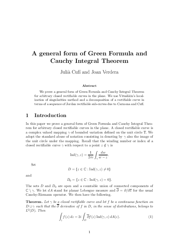(PDF) A general form of Green’s Formula and the Cauchy Integral Theorem
