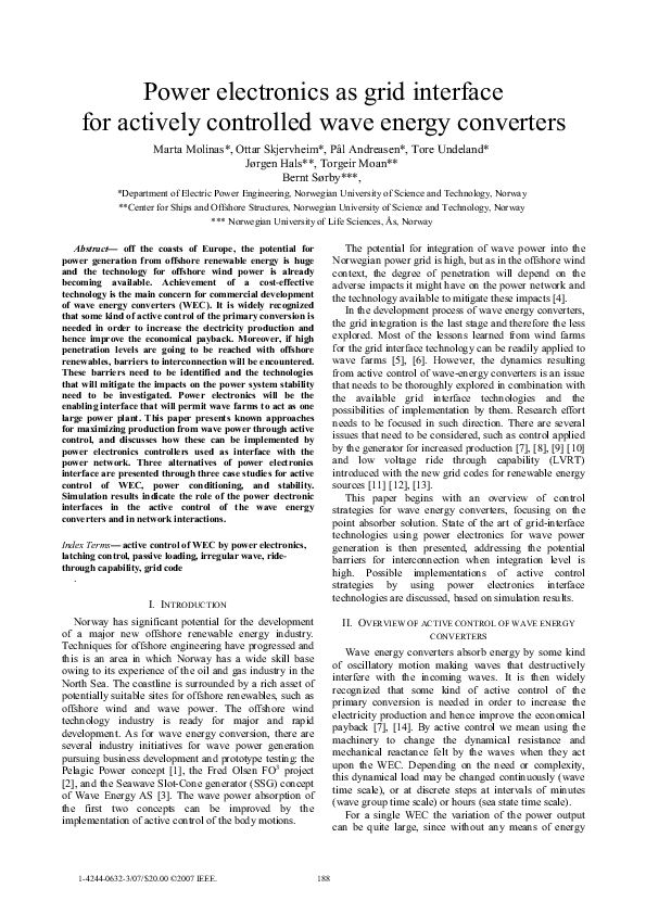 Pdf Power Electronics As Grid Interface For Actively Controlled Wave