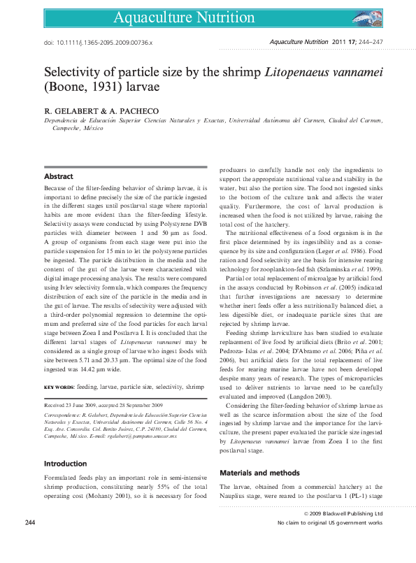 (PDF) Selectivity of particle size by the shrimp Litopenaeus vannamei (Boone, 1931) larvae