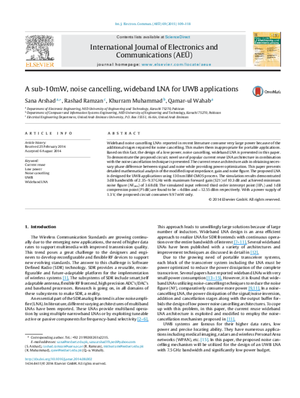 (PDF) A sub-10mW, noise cancelling, wideband LNA for UWB applications