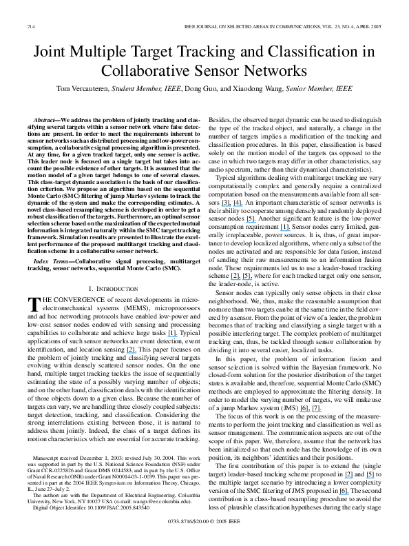 (PDF) Joint multiple target tracking and classification in collaborative sensor networks