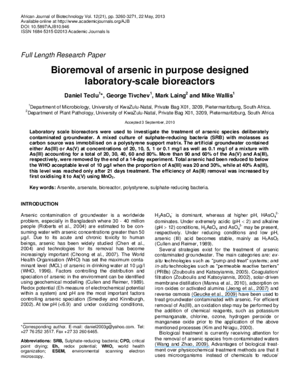 (PDF) Bioremoval of arsenic in purpose designed laboratory-scale ...