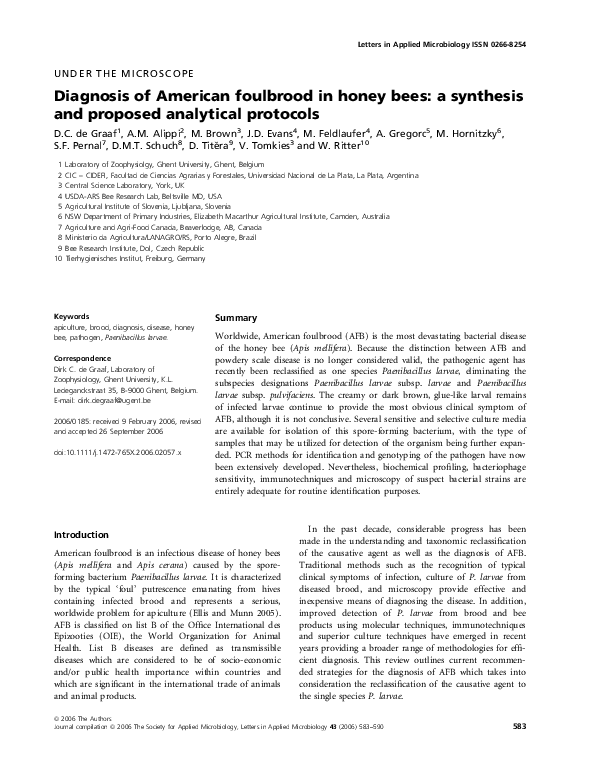 (PDF) Diagnosis of American foulbrood in honey bees: a synthesis and proposed analytical protocols
