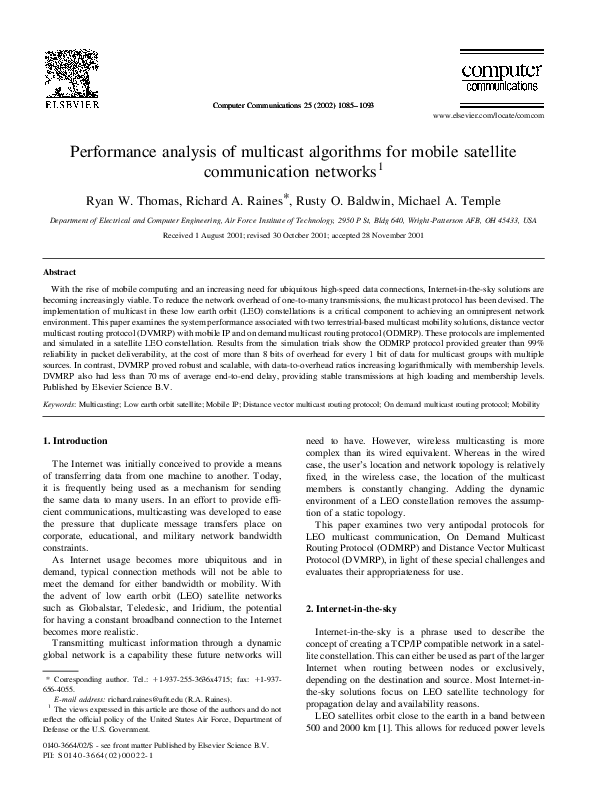 Pdf Performance Analysis Of Multicast Algorithms For Mobile Satellite Communication Networks