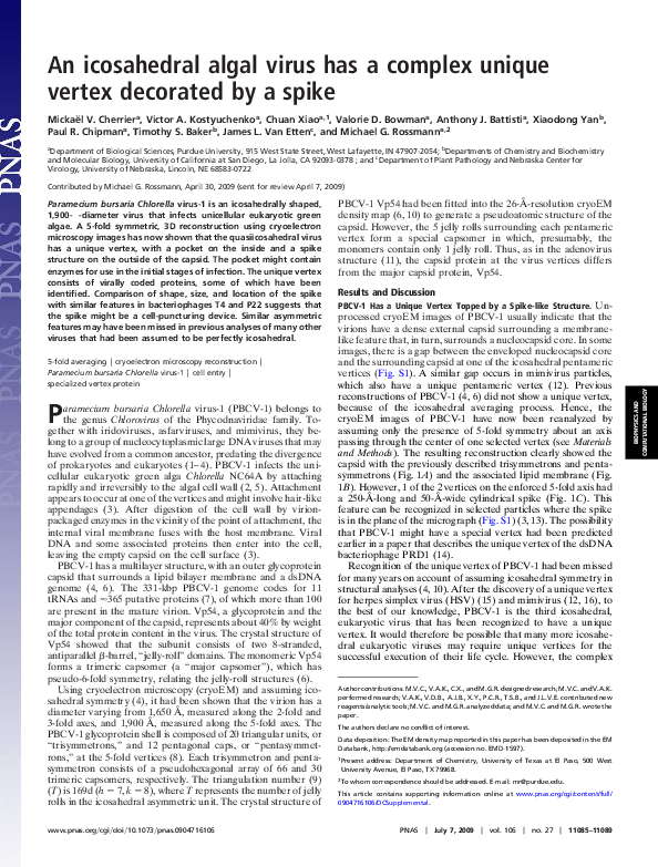(PDF) An icosahedral algal virus has a complex unique vertex decorated ...