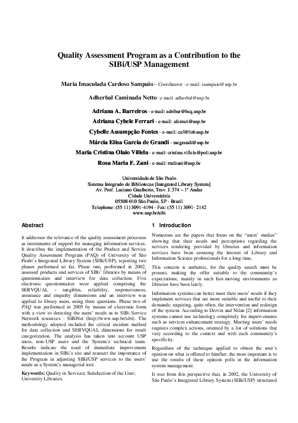 (PDF) Quality Assessment Program as a Contribution to the SIBi/USP Management