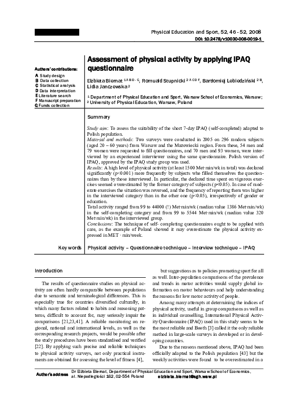 (PDF) Assessment of physical activity by applying IPAQ questionnaire