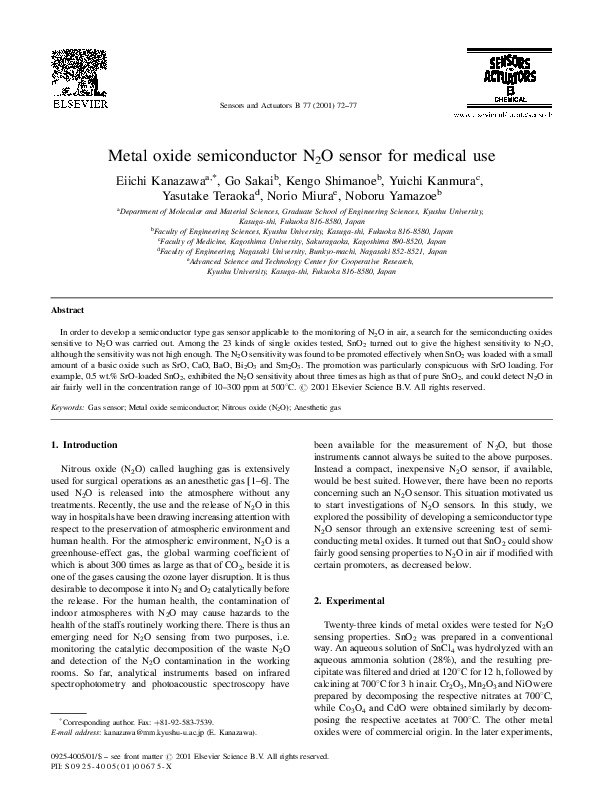 (PDF) Metal oxide semiconductor N2O sensor for medical use