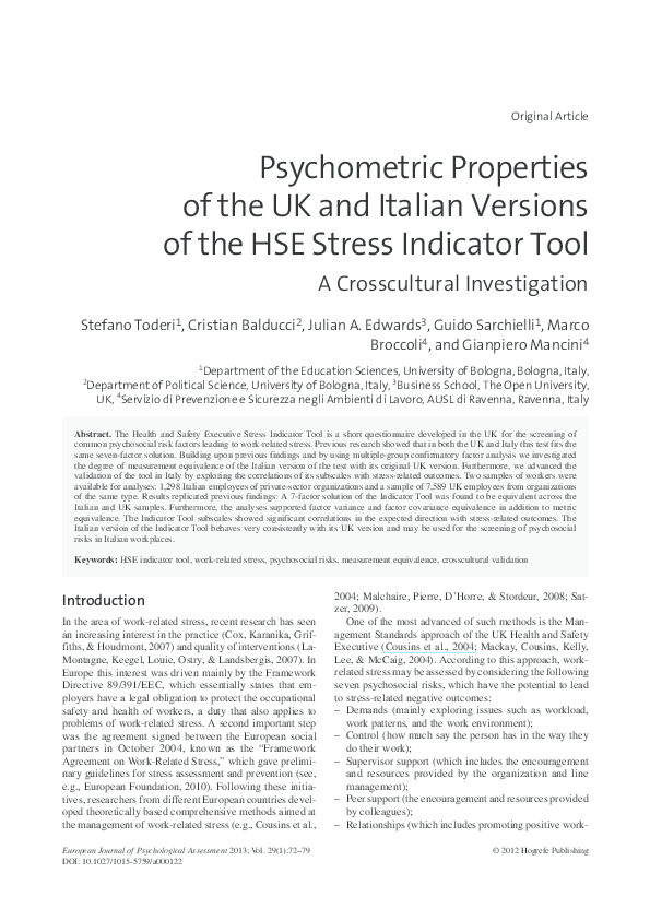 (PDF) Psychometric Properties of the UK and Italian Versions of the HSE ...