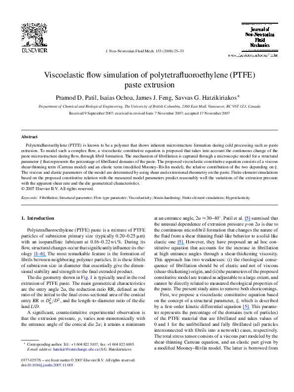 Pdf Viscoelastic Flow Simulation Of Polytetrafluoroethylene Ptfe Paste Extrusion