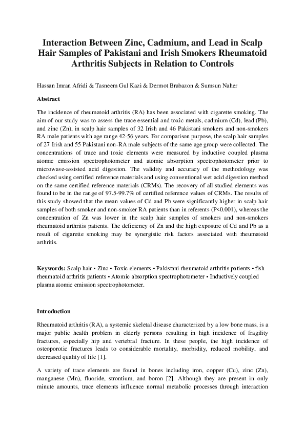 (PDF) Afridi H Biol Trace Elem Res 2012 Zinc Cadmium and Lead smoker arthritis | furqan ali ...
