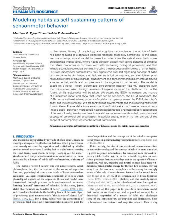 (PDF) Modeling habits as self-sustaining patterns of sensorimotor behavior