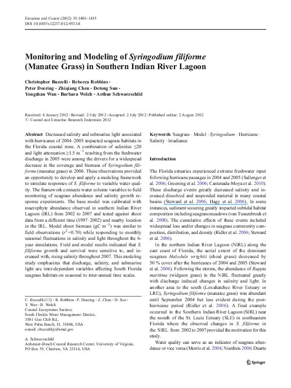 (PDF) Monitoring and Modeling of Syringodium filiforme (Manatee Grass ...