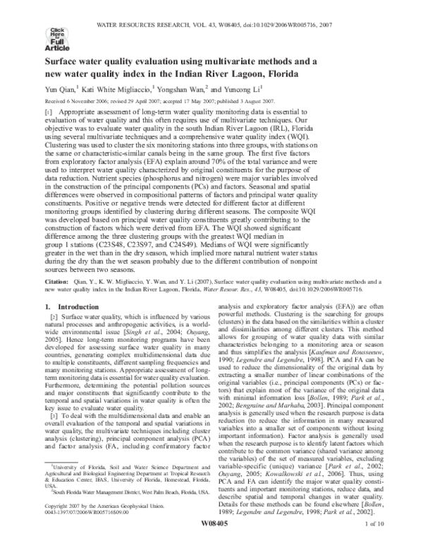 Pdf Surface Water Quality Evaluation Using Multivariate Methods And A New Water Quality Index