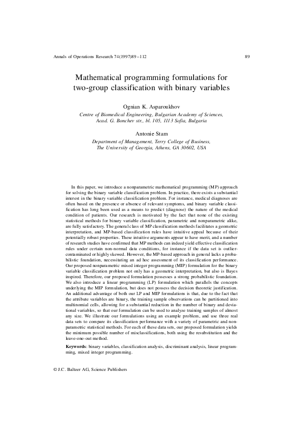 (PDF) Mathematical programming formulations for two-group classification with binary variables