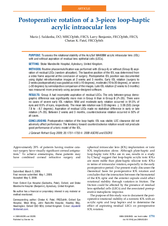 (PDF) Postoperative rotation of a 3-piece loop-haptic acrylic ...