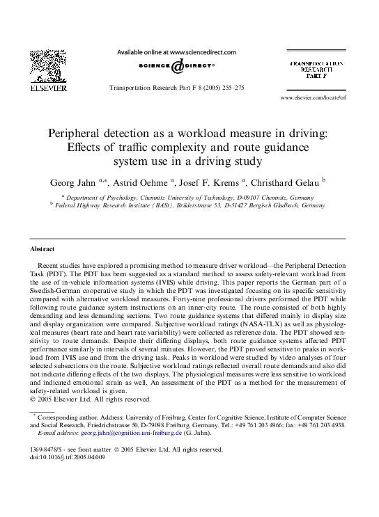 (PDF) Peripheral detection as a workload measure in driving: Effects of traffic complexity and ...