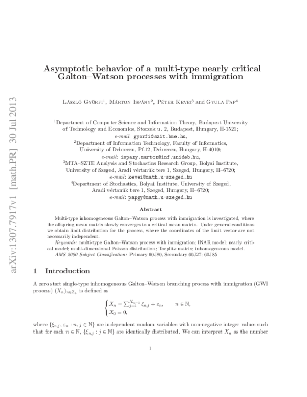(PDF) Asymptotic behavior of multi-type nearly critical Galton - Watson processes with immigration