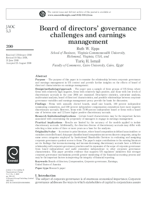 (PDF) Board of directors’ governance challenges and earnings management